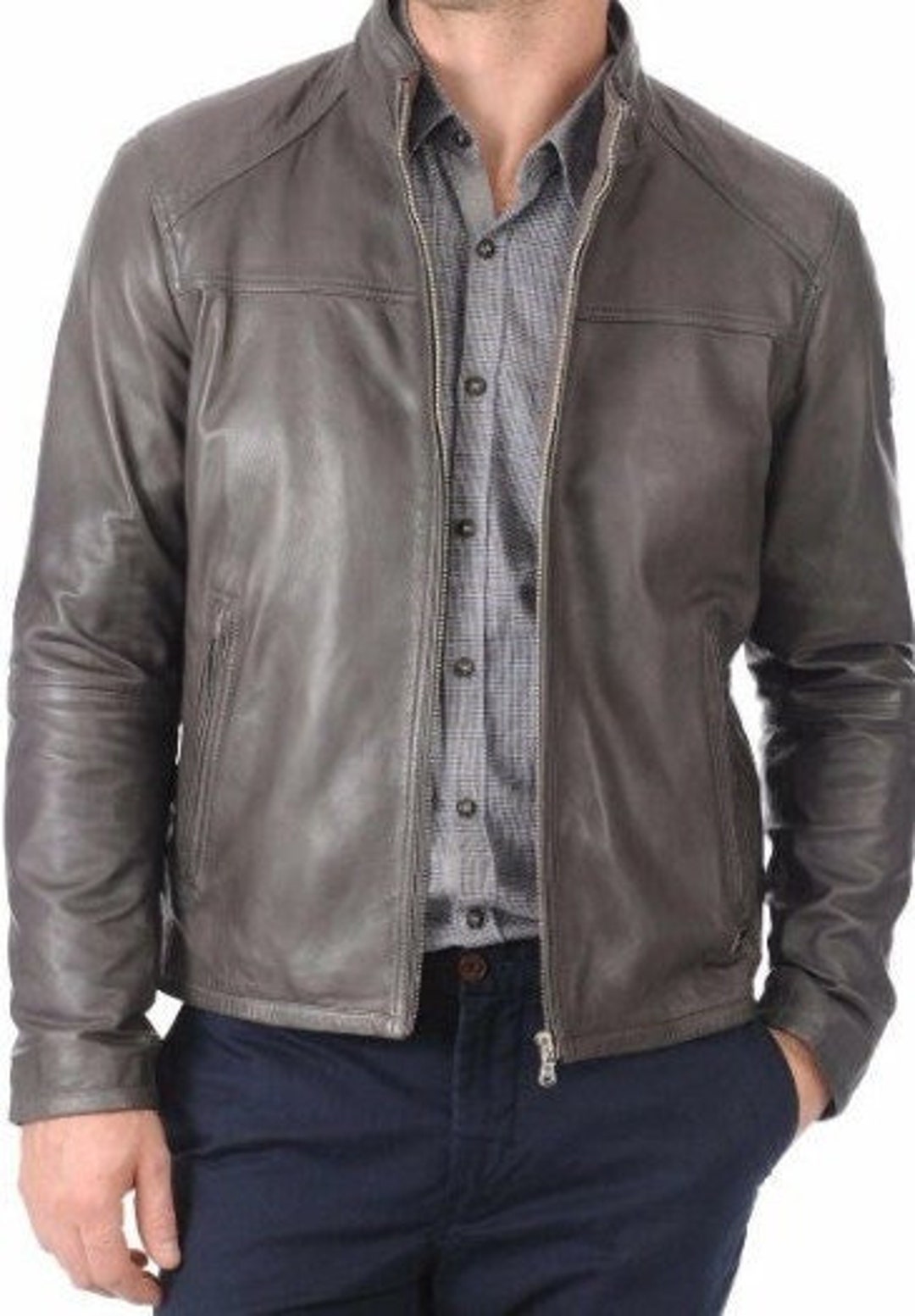 Mens Lambskin Dark GREY Leather Jacket | Slim Fit Shirt Style TRUCKER ...