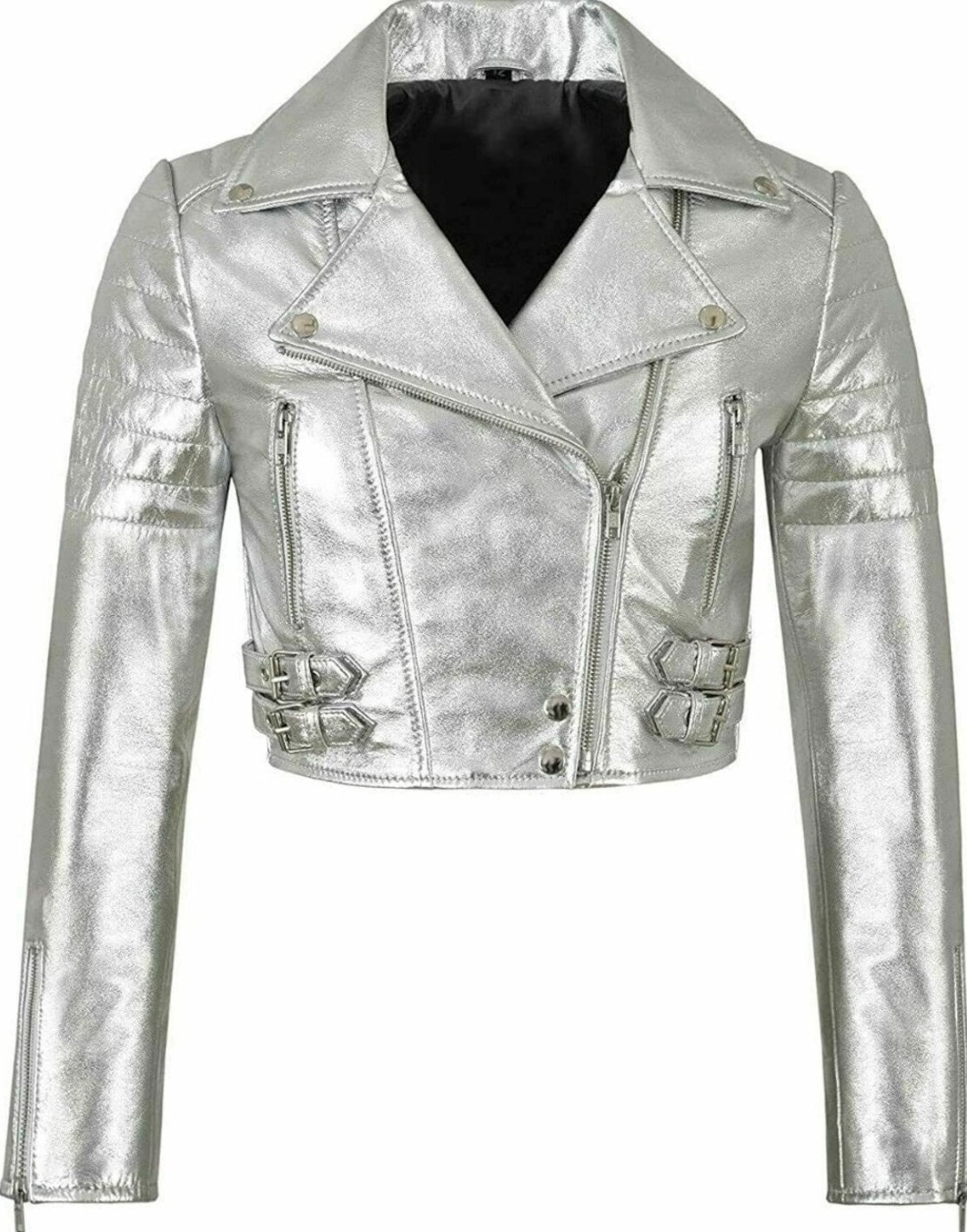 New Womens Metallic SILVER Leather Jacket | Shinny Silver CROPPED ...