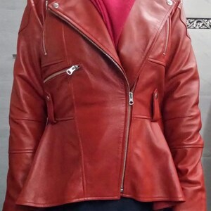 Noorani Womens RED PEPLUM Style Leather Jacket | Biker Flare Leather ...