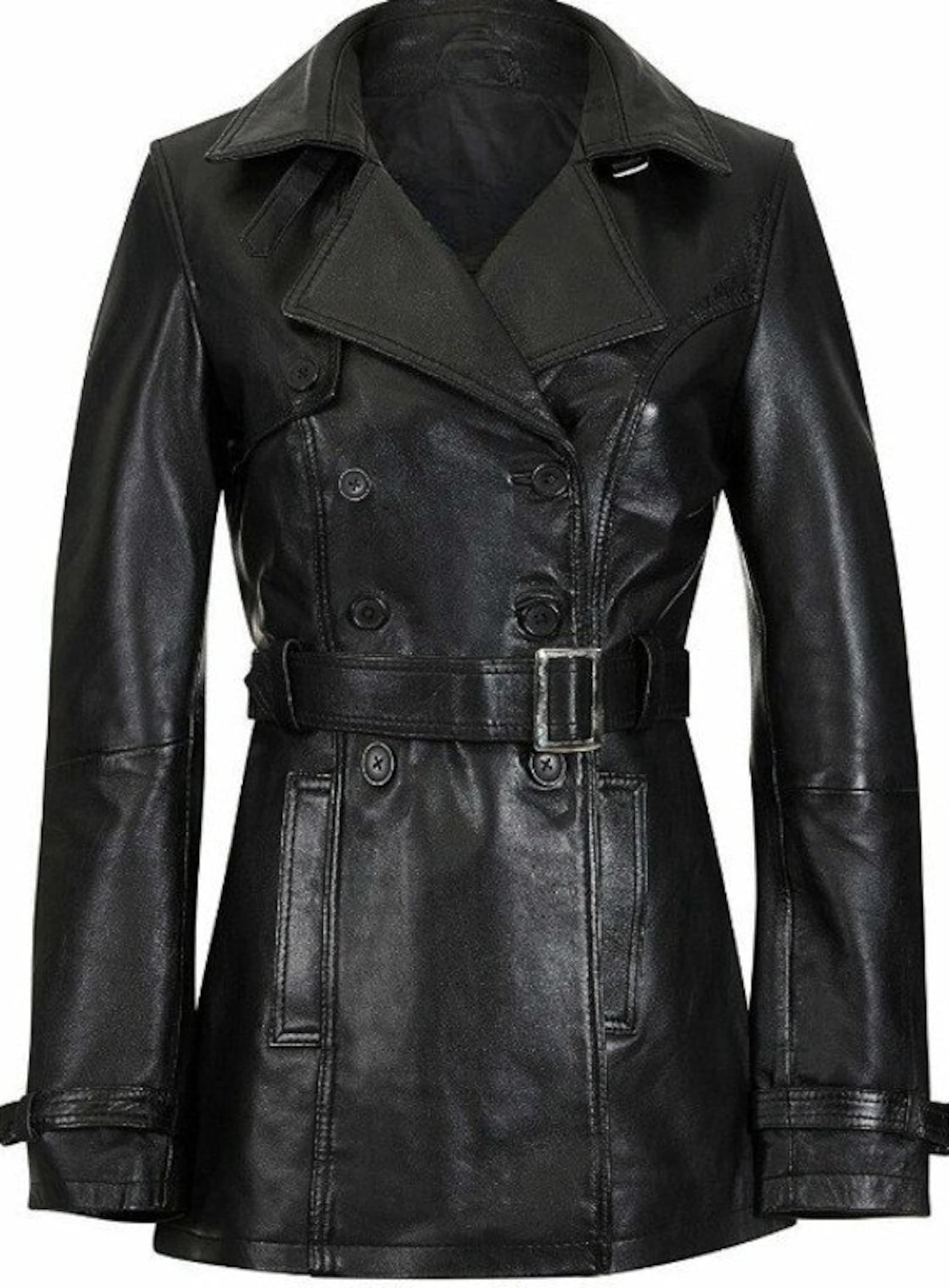 Mens Real BLACK Leather Trench Coat | Double Breasted Leather Midi ...