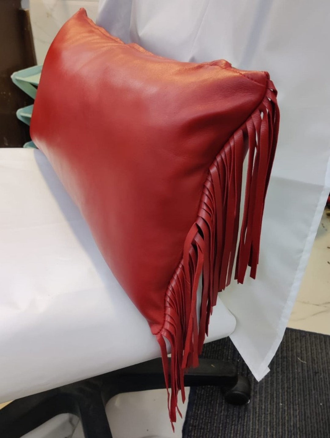 RED Leather Pillow Cover | RECTANGLE Leather Cushion Cover | FRINGE ...