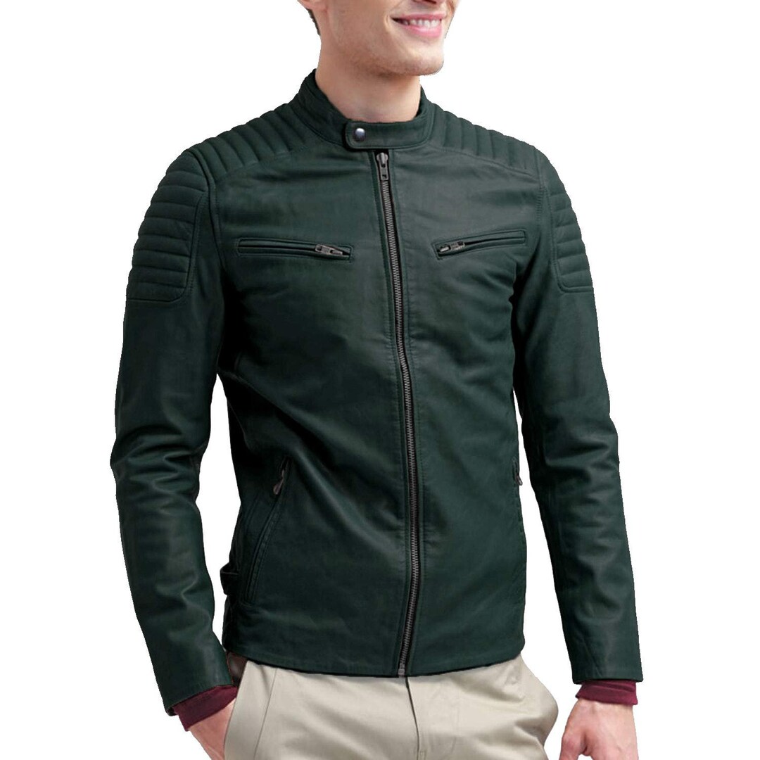 Noorani Mens Dark Green Leather Jacket | Biker Motorcycle Party Jacket ...