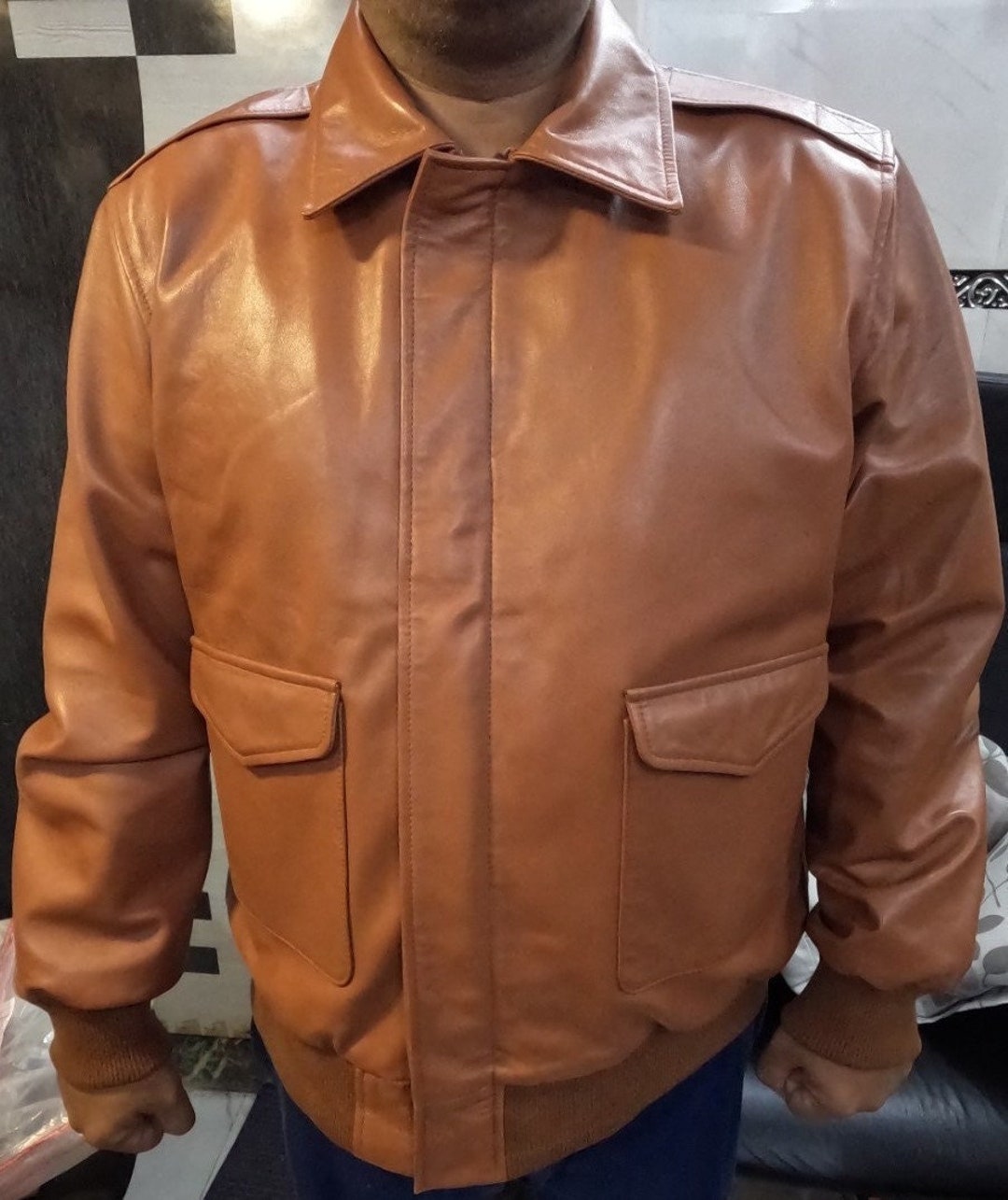 Men's BOMBER Leather Jacket TAN, Bomber Navy G1 Flight Brown Jacket ...