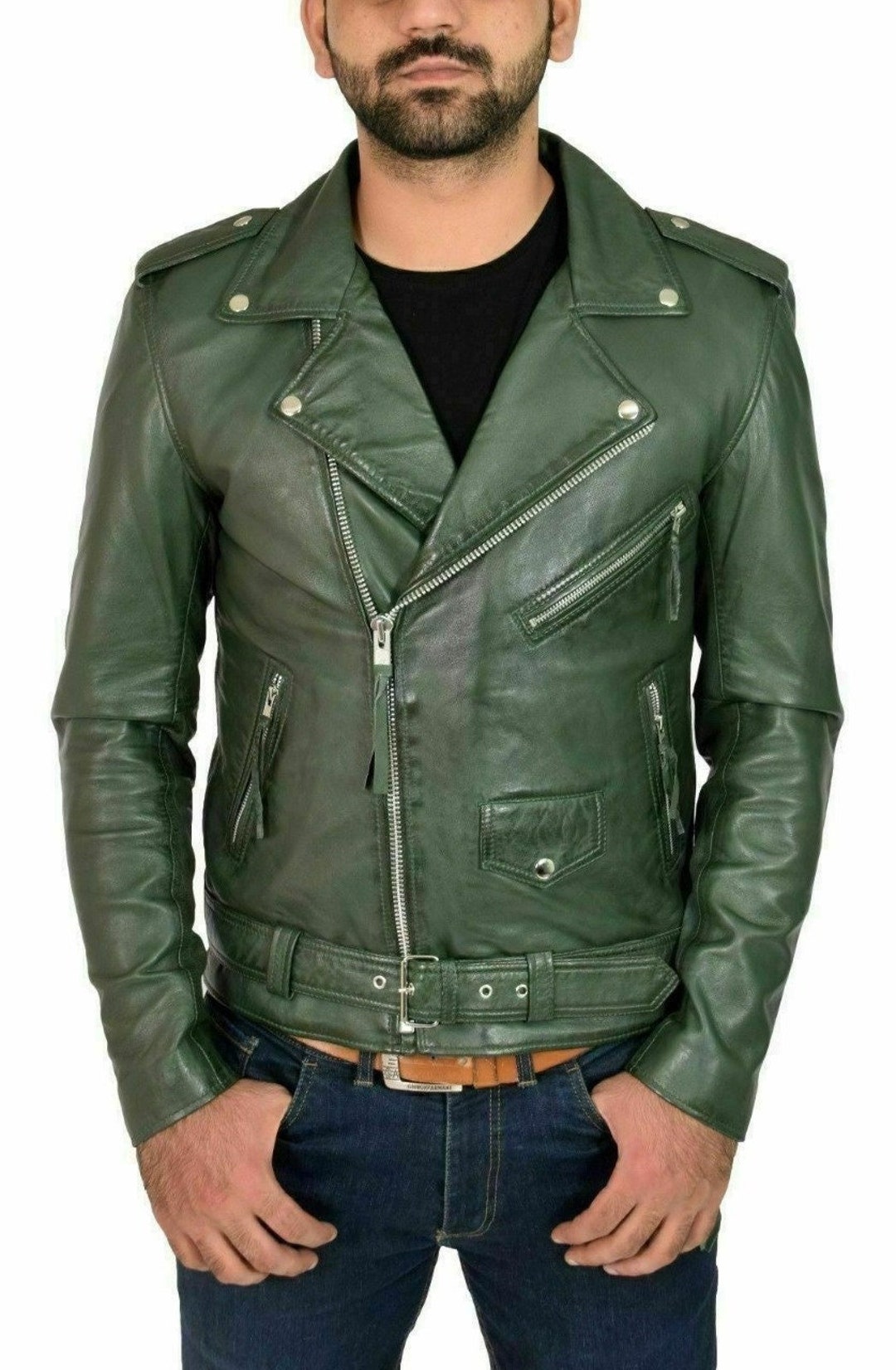 Lambskin Mens Leather Jacket, Stylish Biker Slim Fit Olive GREEN ...