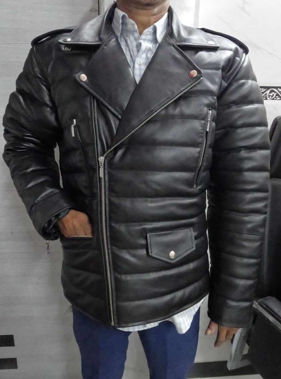 Mens PUFFER Leather Jacket, Slim Fit Stylish BIKER Leather Jacket ...