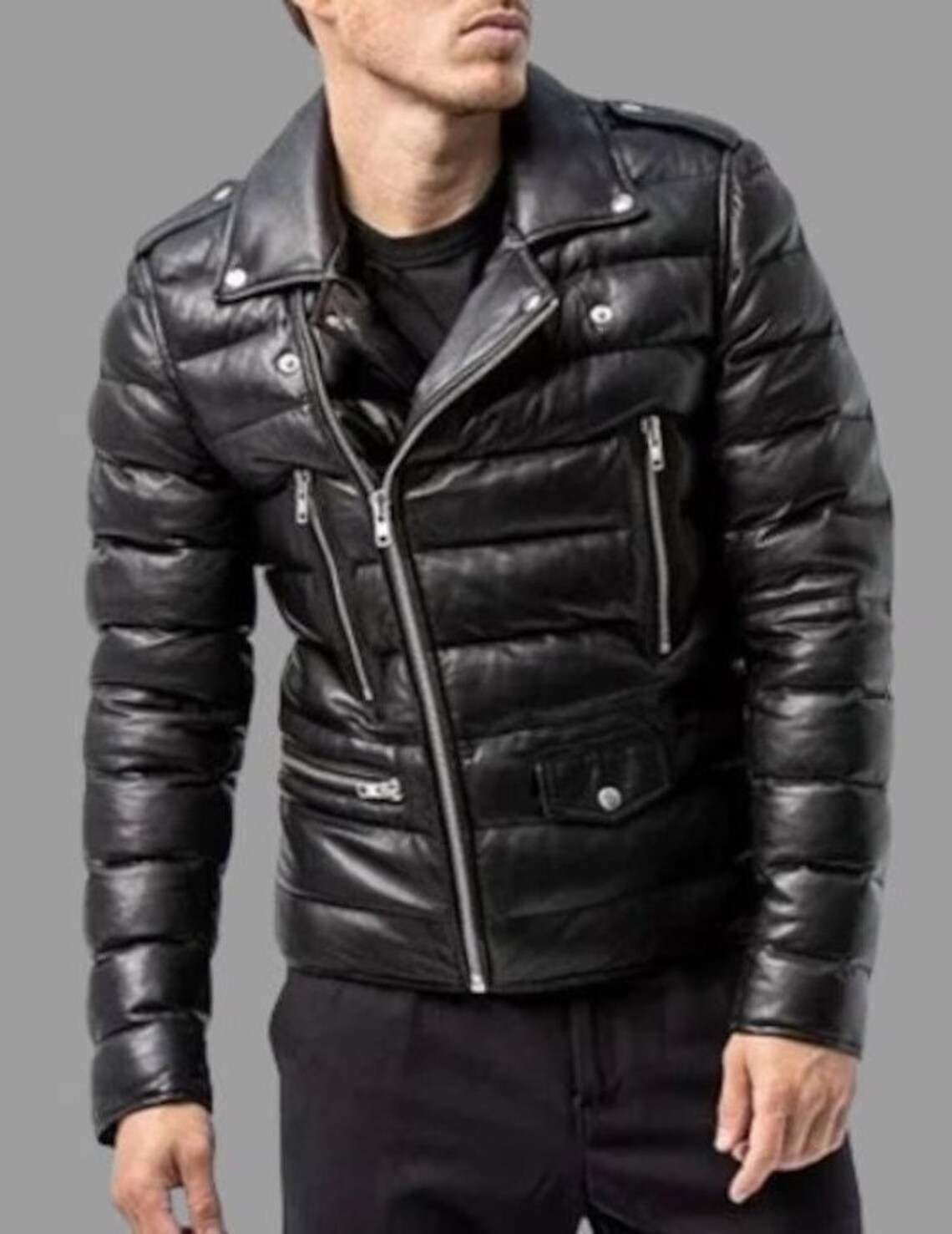 Mens PUFFER Leather Jacket, Slim Fit Stylish BIKER Leather Jacket ...