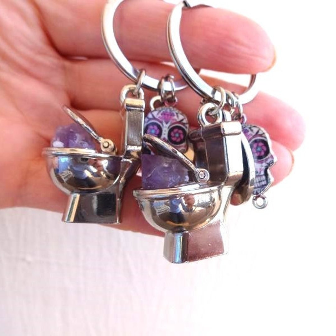 Silver Metal Toilet Keychain, Amethyst Crystal Enamel Skull Pendant ...