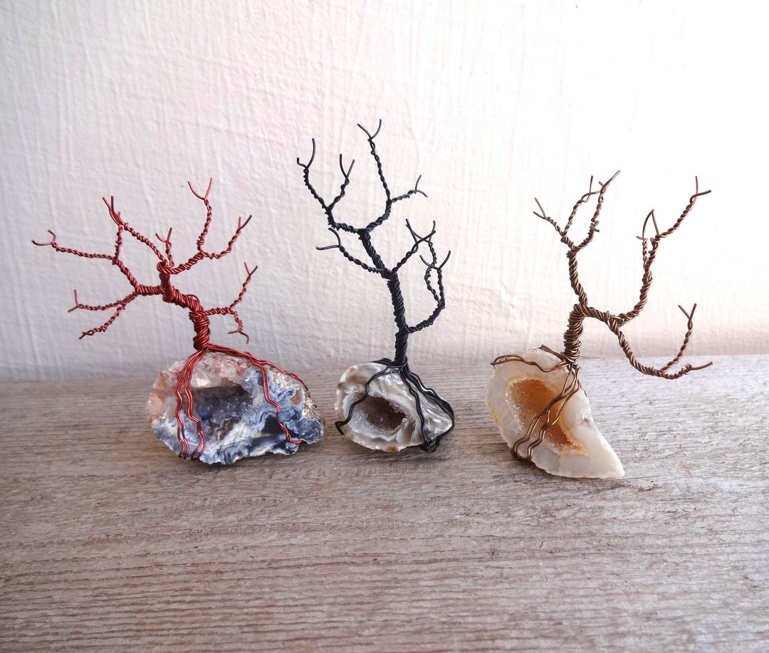Wire Bonsai Tree Sculpture on Agate Geode Druzy, Miniature Wire Wrapped ...