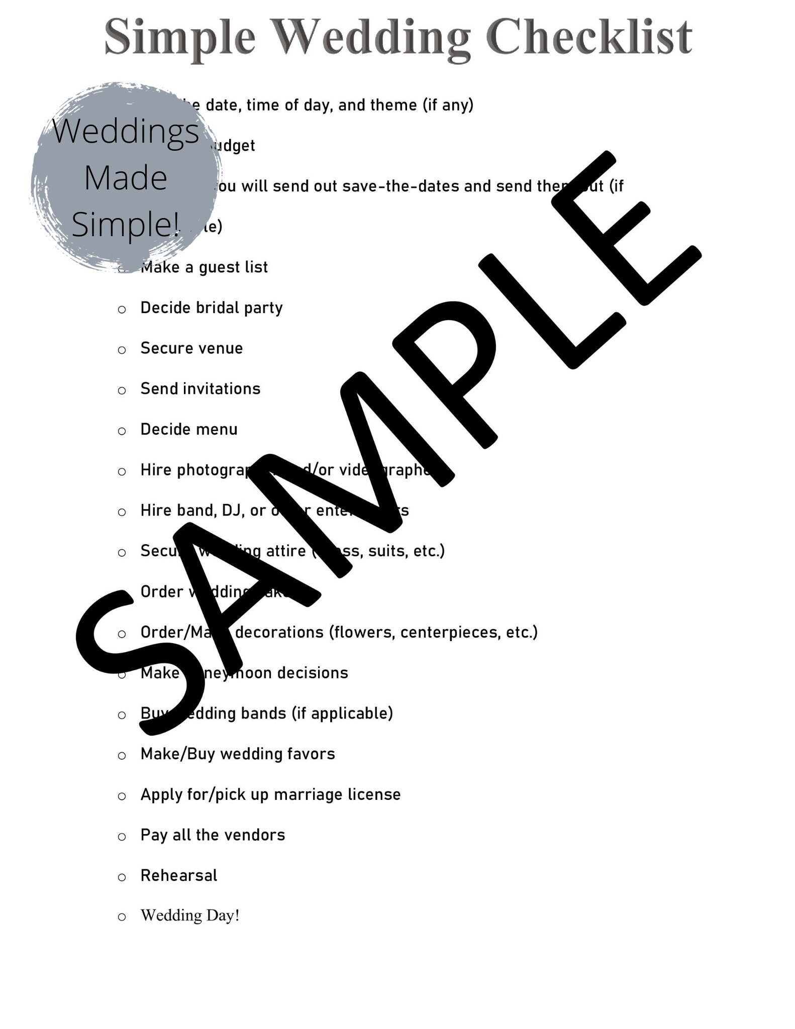 Simple Wedding Checklist - Printable - Template - Digital Download - Etsy