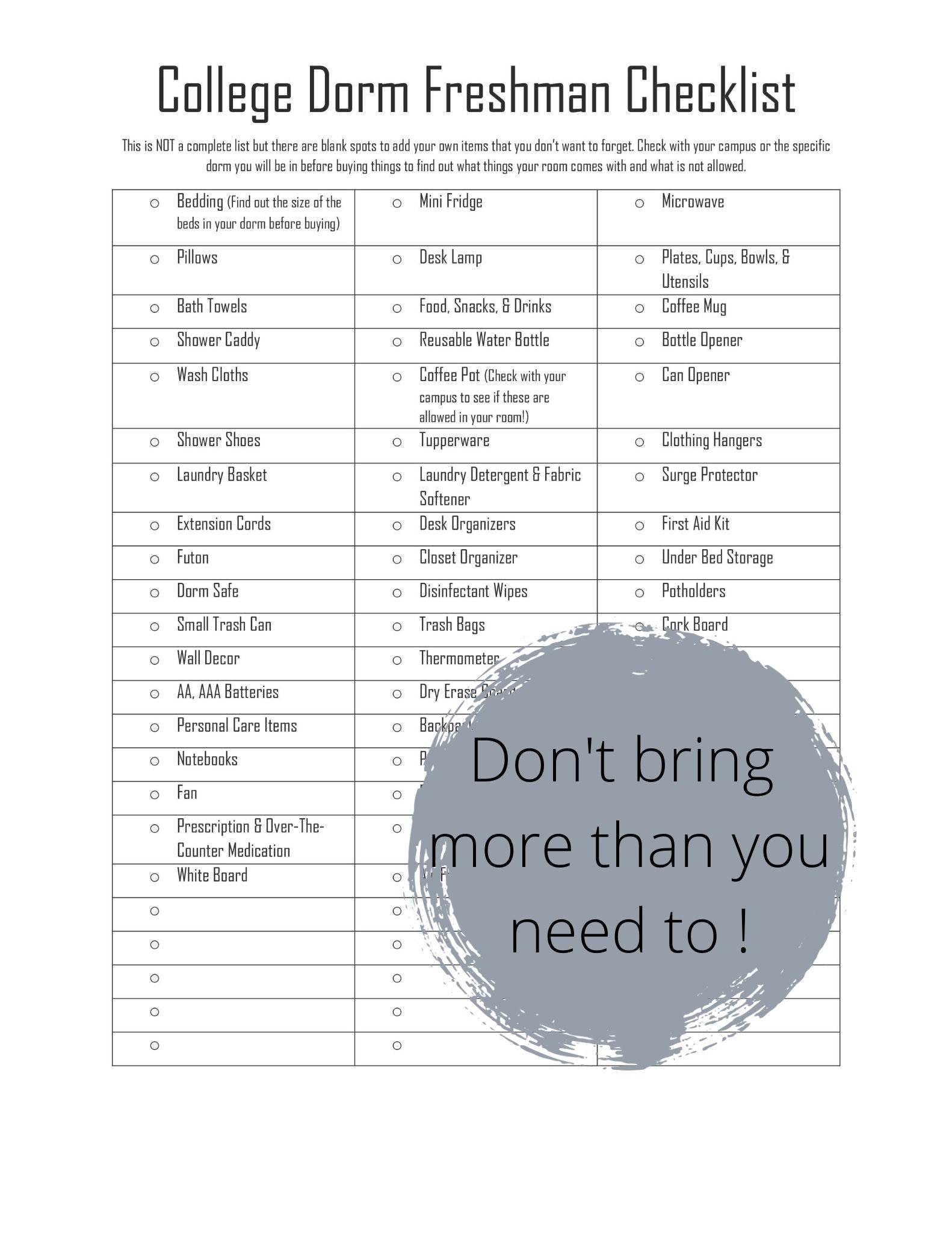 College Dorm Freshman Checklist - Etsy