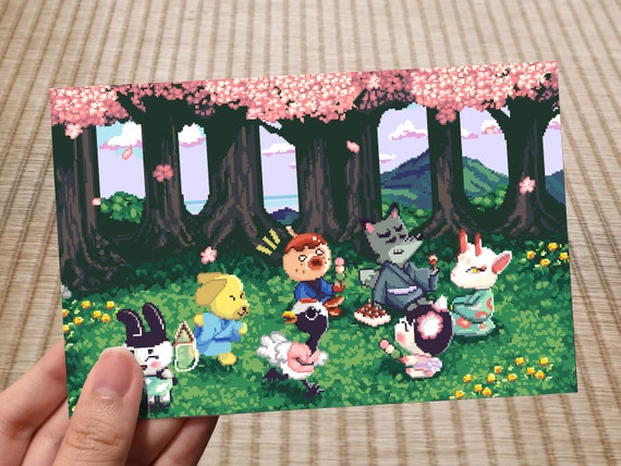 Animal Crossing Pixel Art Postcard Spring Picnic Sakura | Etsy