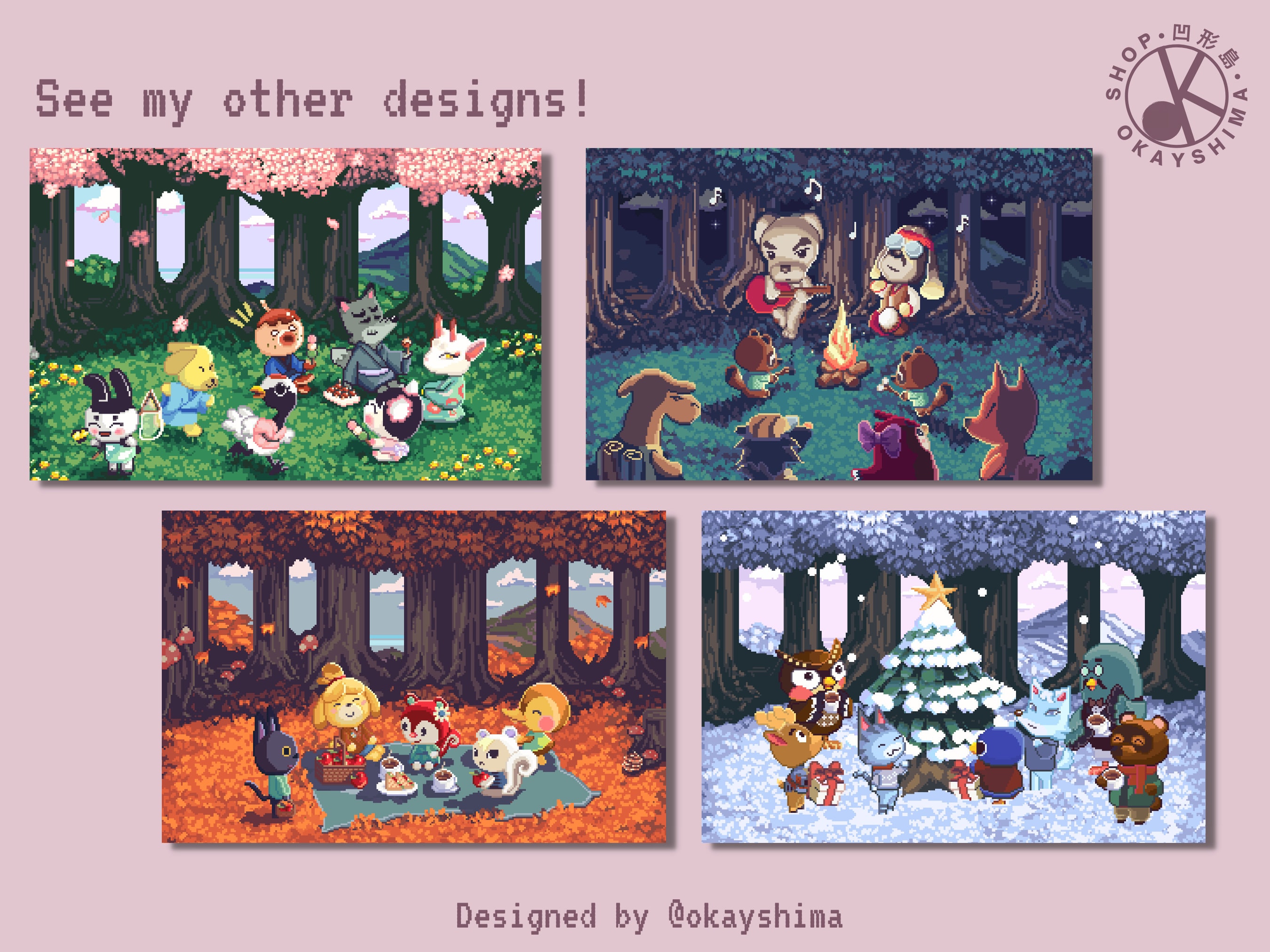 Animal Crossing Pixel Art Postcard | Autumn Picnic Retro Gaming Art ...