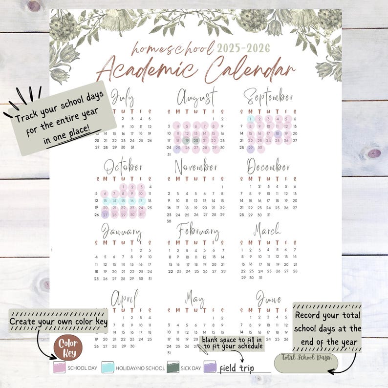 2025-2026 Homeschool Year Calendar, Academic Calendar, Year at a Glance ...