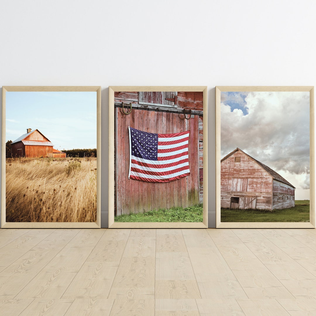 Farmhouse Barn American Flag Prints, Rustic Wall Decor (digital ...