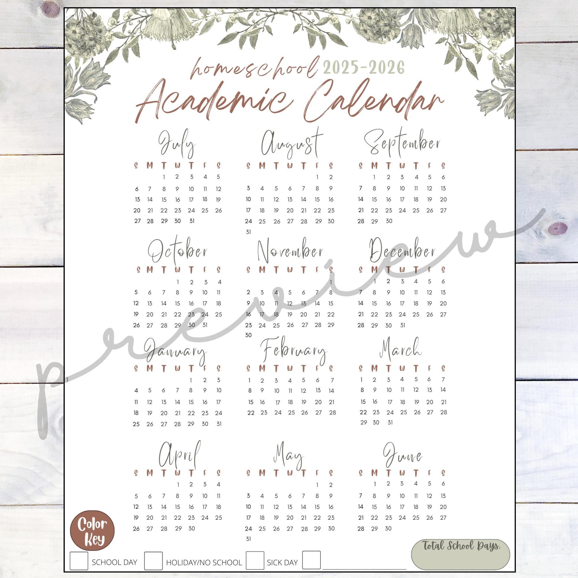 2025-2026 Homeschool Year Calendar, Academic Calendar, Year at a Glance ...