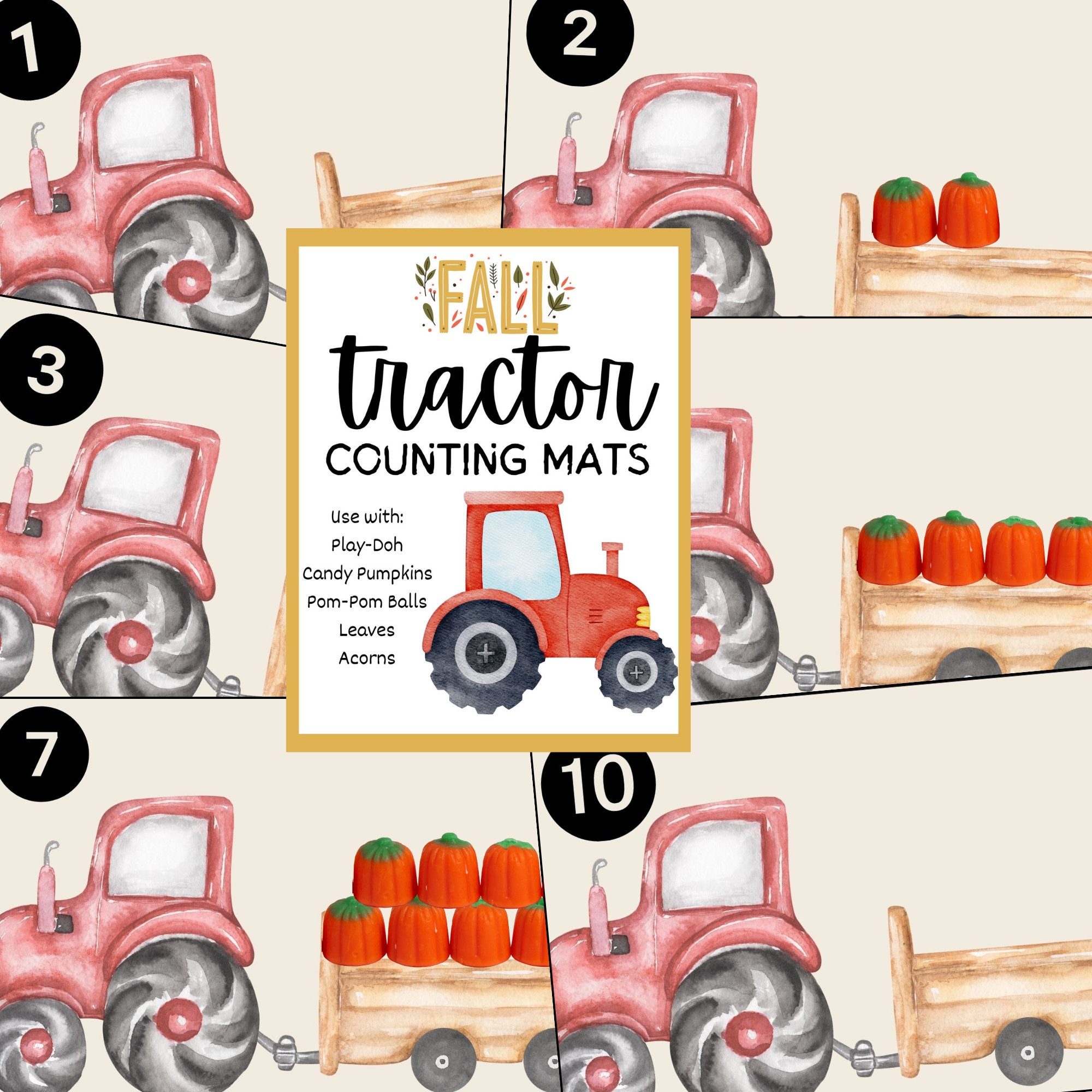 Fall Tractor Counting Mats, Fall Play Doh Mats 1-10, Fall Preschool ...