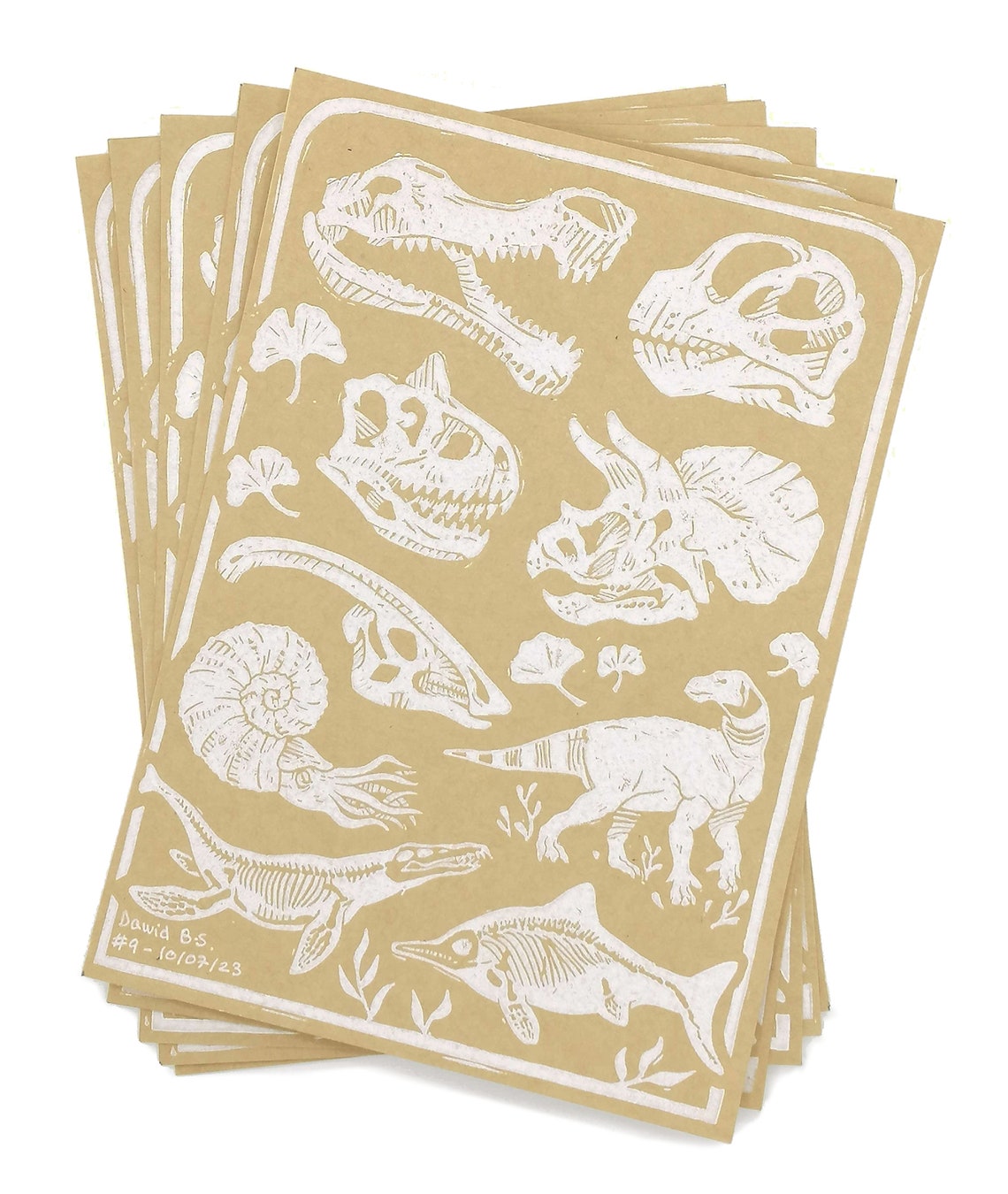 Mesozoic Creatures Hand Printed Linocut - Prehistoric Animals Sticker ...