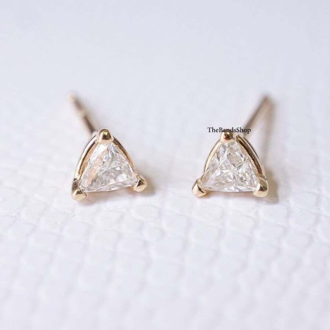 Minimalist Daily Wear Studs, Trillion Cut 3 Prong Simple Stud Earrings, 3MM Trillion Shape Lab ...