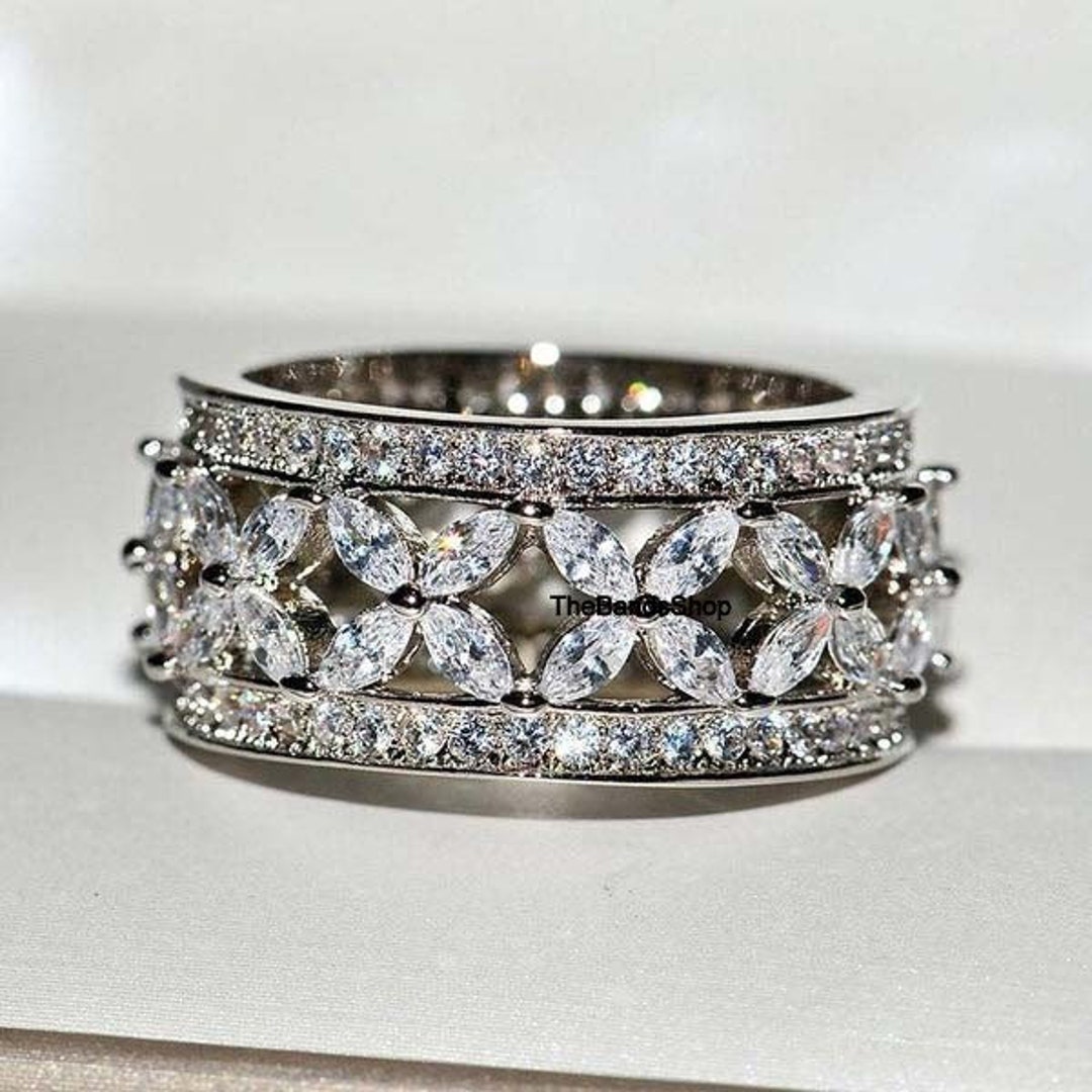 Double Row Wide Band Dome Ring, Full Eternity Women's Band, Sparkling ...