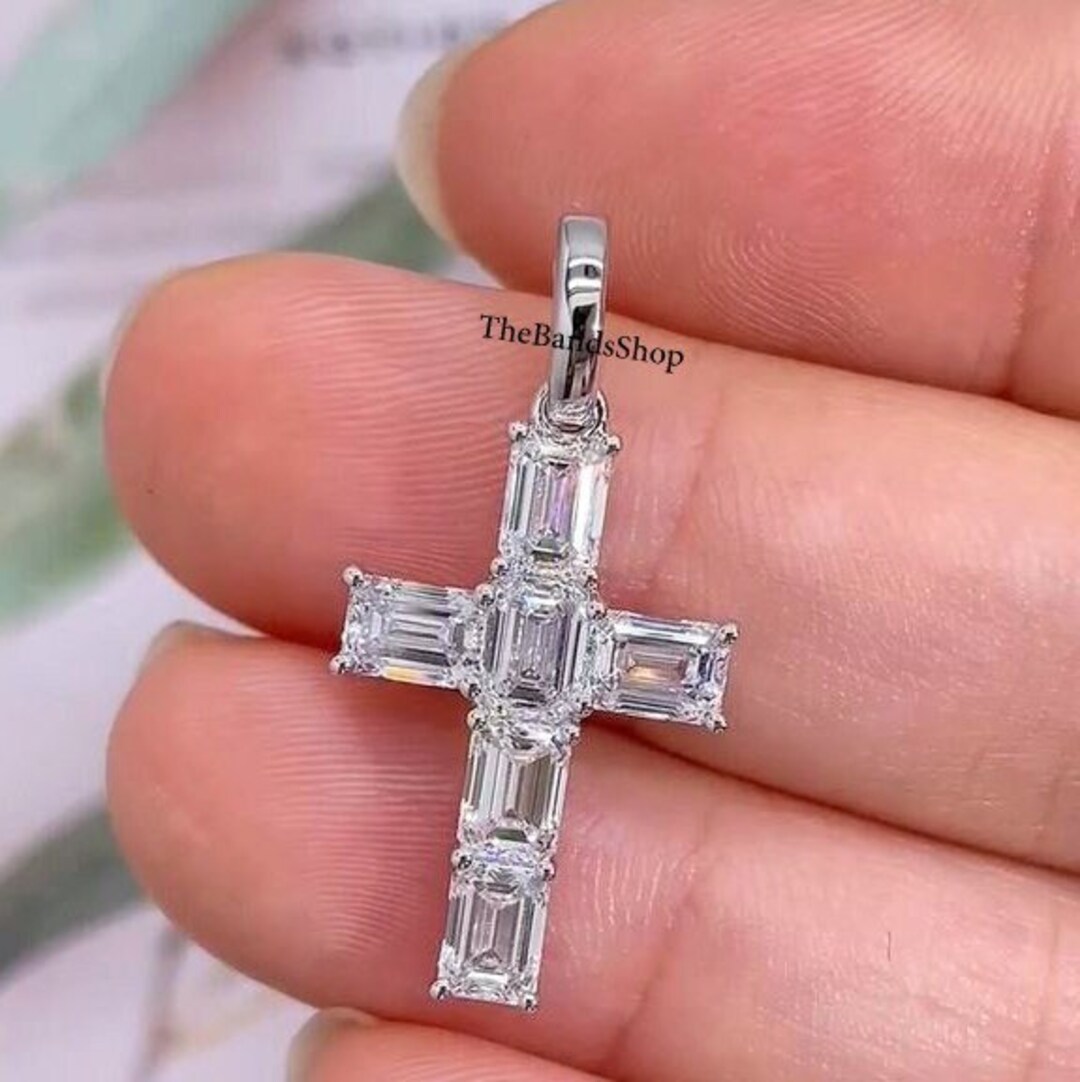 Beautiful Cross Design Diamond Promise Pendant, 5x4 MM Each Emerald Cut ...