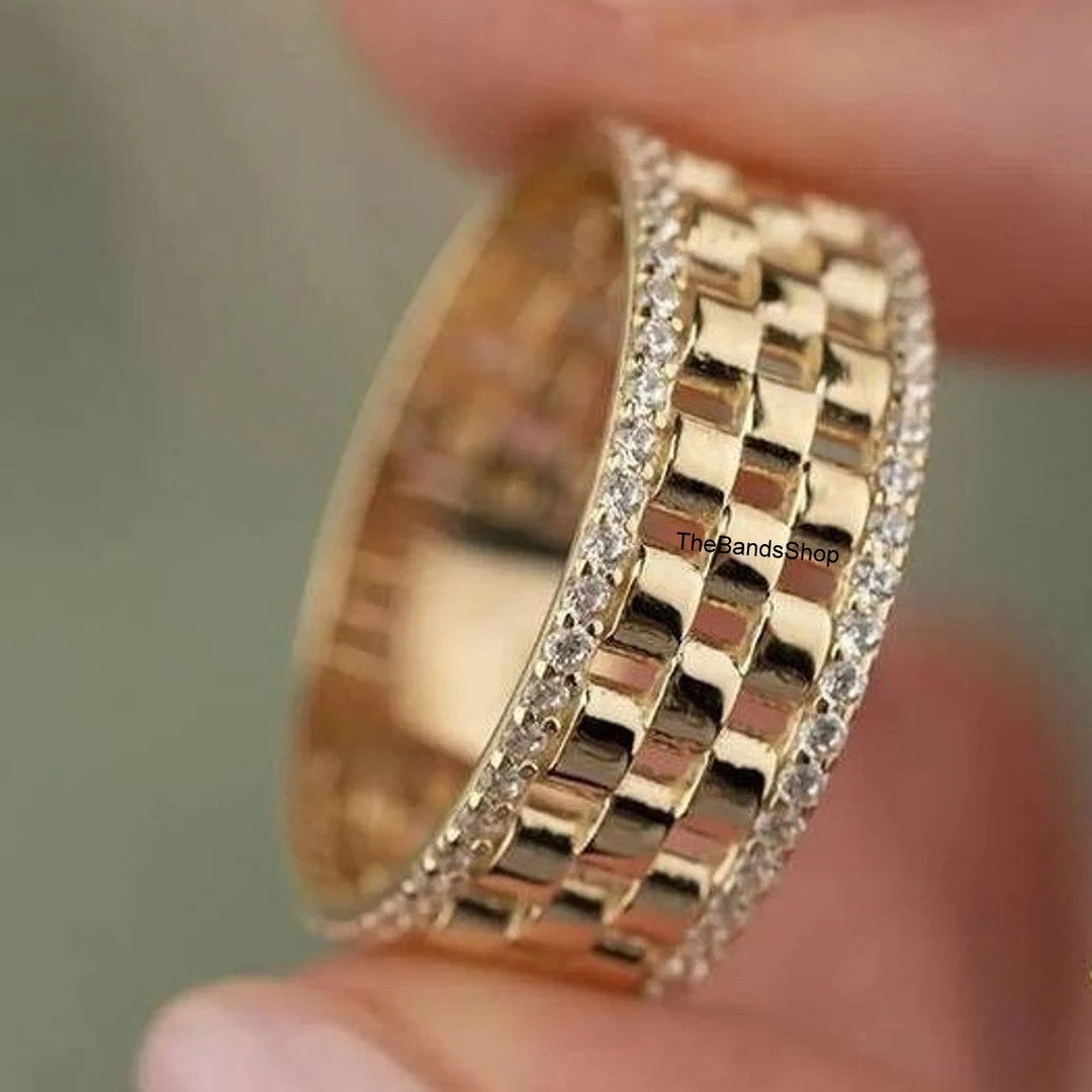 Double Row Pave Accents Rolex Style Ring, 18k Yellow Gold Chain Shape Ring, Round Cut Moissanite ...
