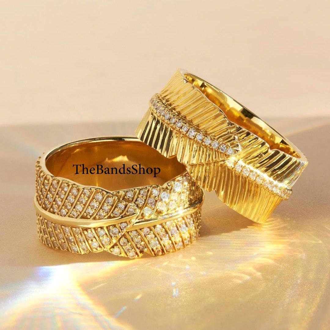 Leaf Design Wedding Band, His and Her Matching Couple Band, 18k Yellow ...