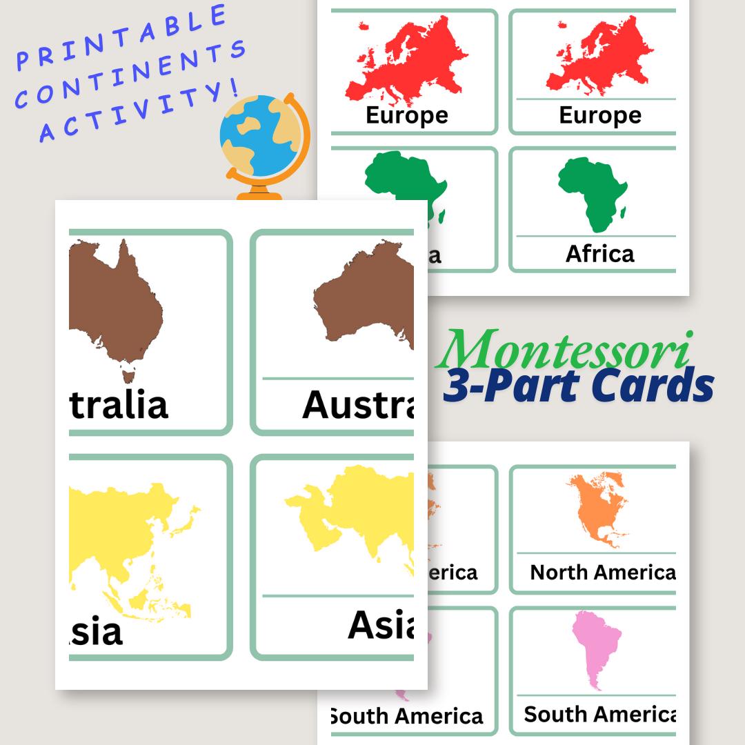 Continents (color-coded) Montessori 3-part Cards Printable - Etsy