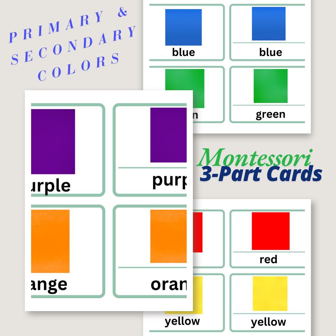 Montessori 3 Part Cards nomenclature Cards Primary & Secondary Colors ...