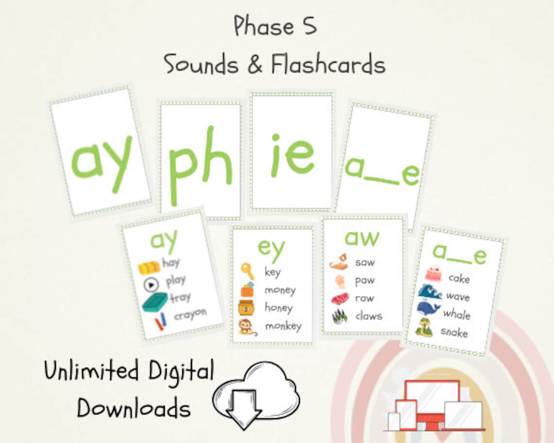 Printable PDF Double Sided Phonics Phases 5 | Large A6 Flash Cards ...
