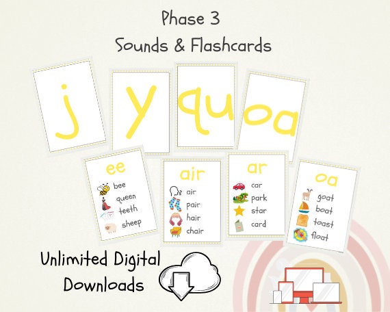 Printable PDF Double Sided Phonics Phases 3 Large A6 Flash Cards Sounds ...