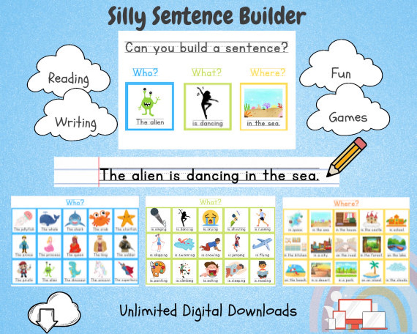 Silly Sentence Builder | Learning to Read and Write | School | Home ...