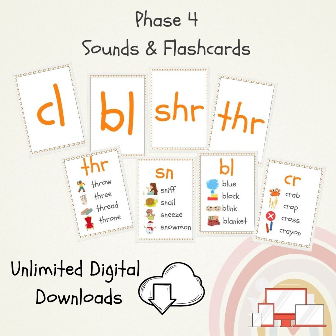 Printable PDF Double Sided Phonics Phases 4 | Large A6 Flash Cards ...