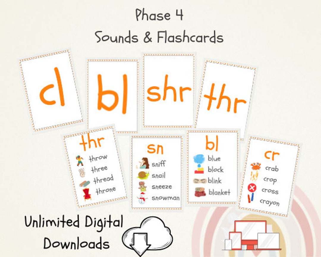 Printable PDF Double Sided Phonics Phases 4 | Large A6 Flash Cards ...
