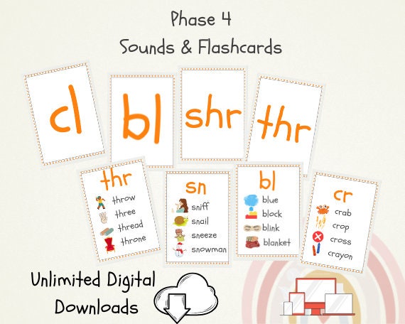 Printable PDF Double Sided Phonics Phases 4 | Large A6 Flash Cards ...