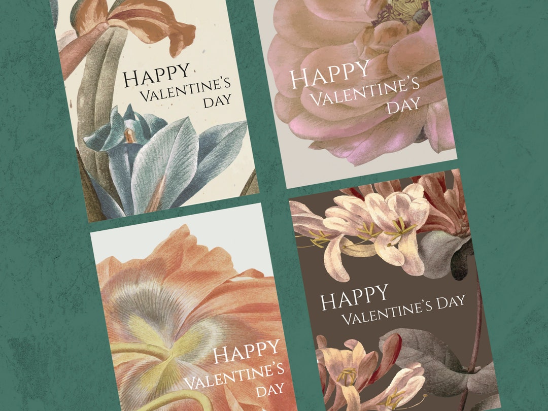 4 Printable Valentine's Day Cards Set Floral Botanical - Etsy