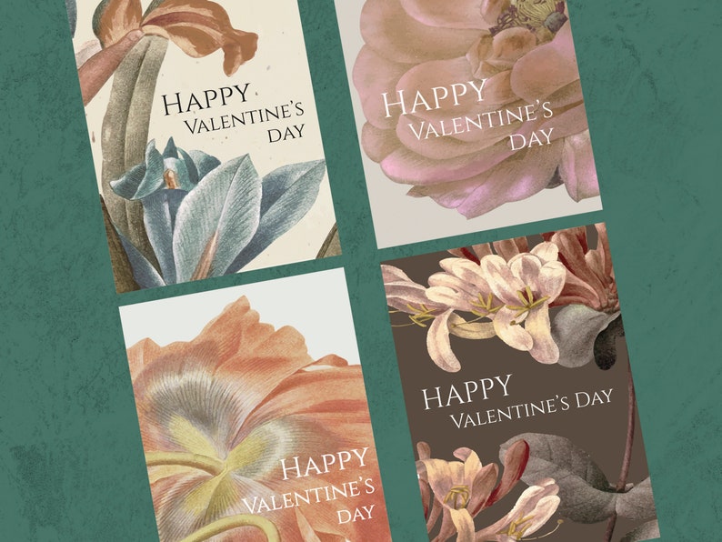 4 Printable Valentine's Day Cards Set Floral Botanical - Etsy