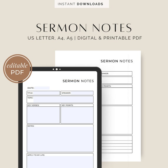 Sermon Notes Fillable & Printable PDF US Letter A4 A5 - Etsy