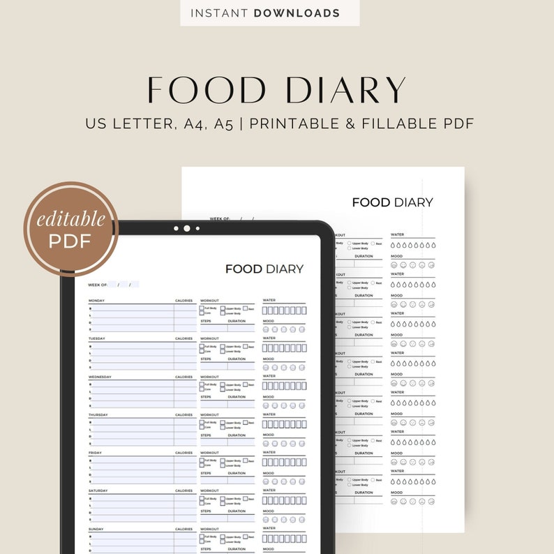 Food Diary, Fillable & Printable PDF, US Letter, A4, A5 - Etsy