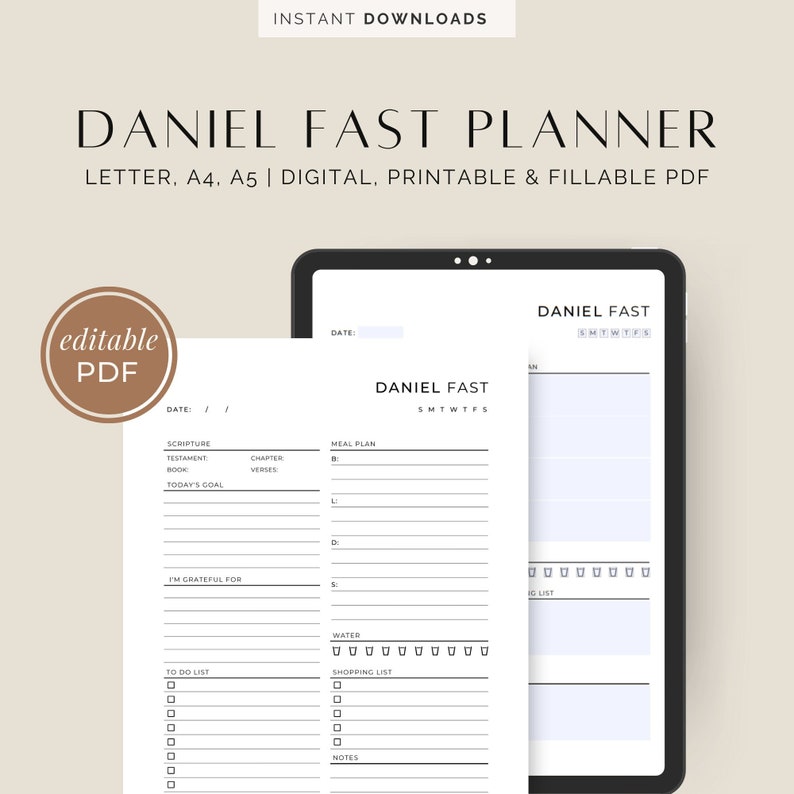 Daniel Fast Planner, Fillable & Printable PDF, US Letter, A4, A5 - Etsy