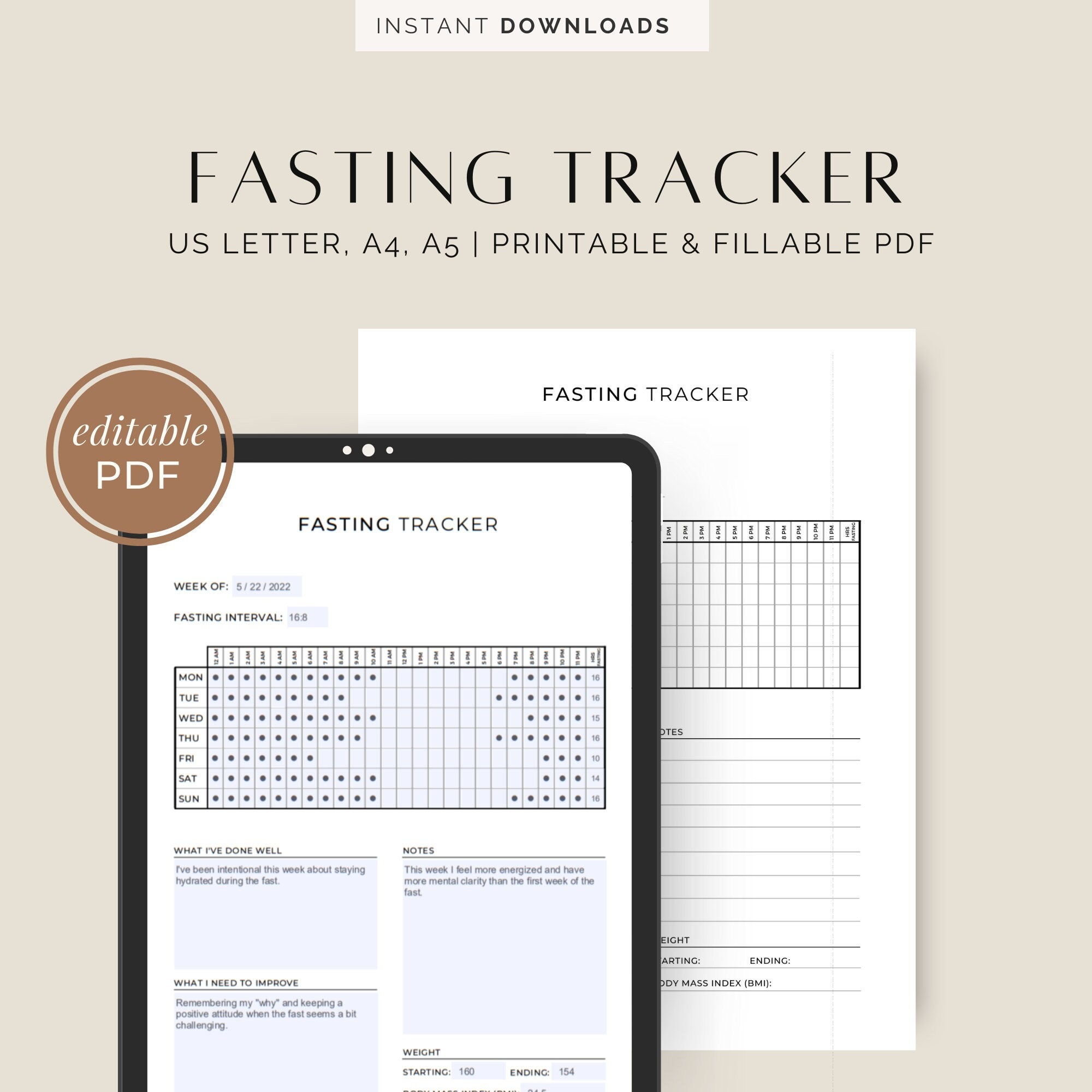 Fasting Tracker, Fillable & Printable PDF, US Letter, A4, A5 - Etsy