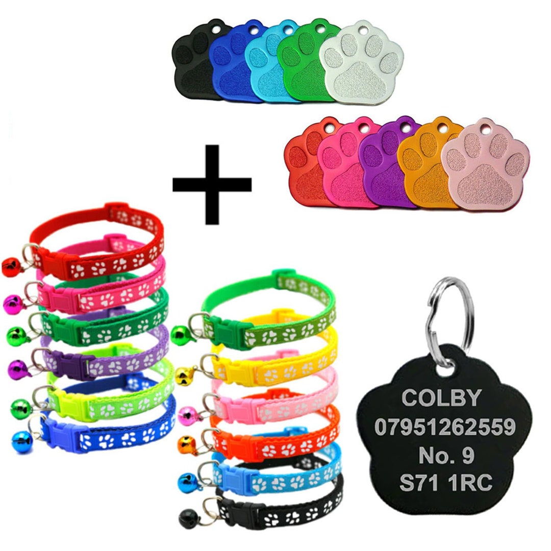 Collar With Personalised Cat Tag Paw Shaped Engraved Charm Pet Name ...