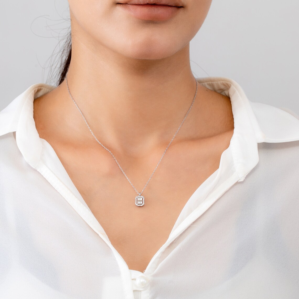 Baguette Diamond Necklace, Sterling Silver Baguette CZ Necklace ...