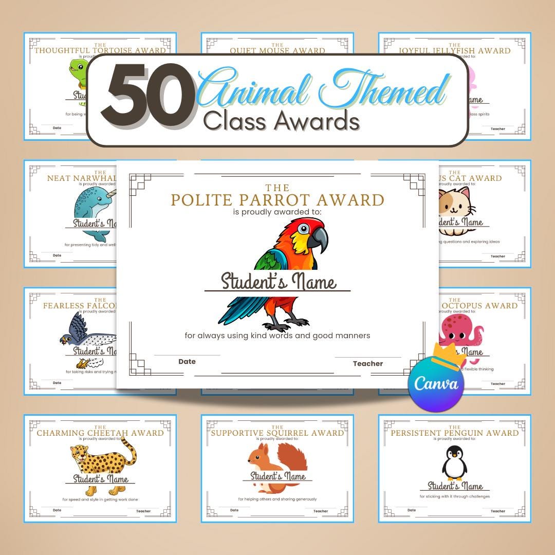 50 Animal-themed Class Awards | Editable End of Year Student ...
