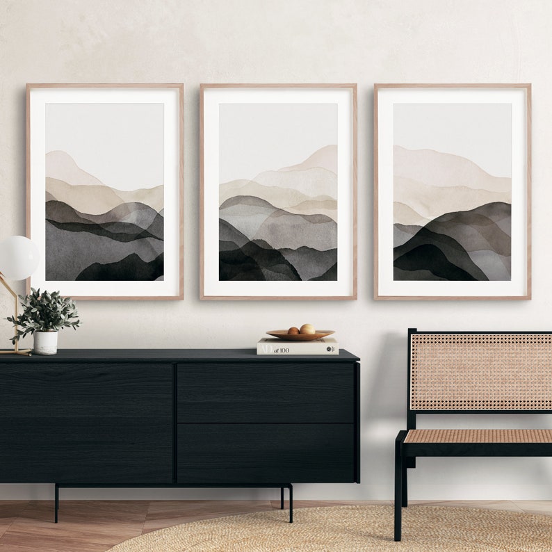 Black Beige Abstract Mountain Printable Art Prints Set of 3 - Etsy