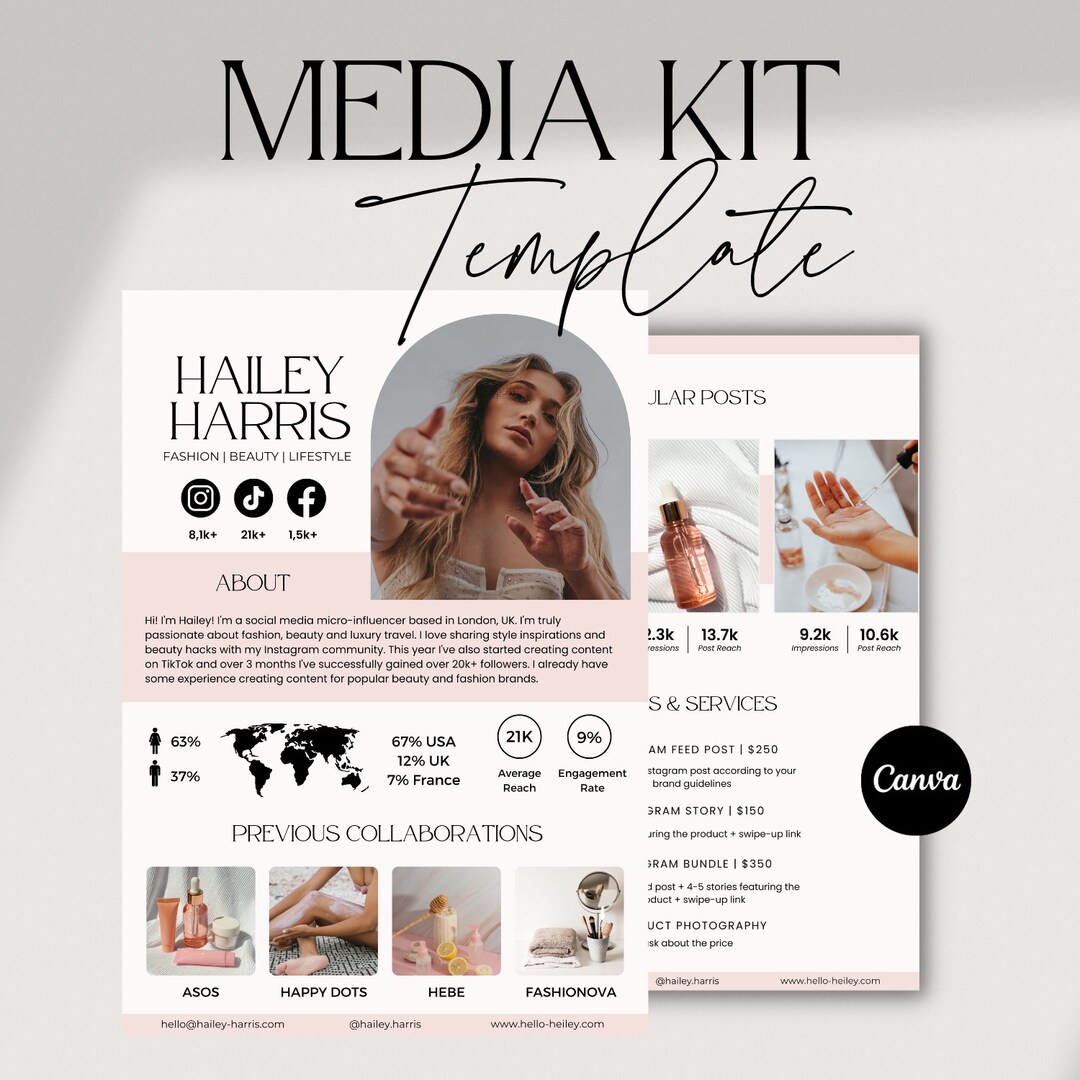 2 Page Influencer Media Kit Template Canva | Instagram and Tiktok ...