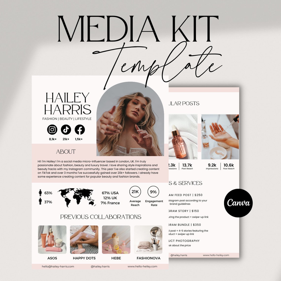 2 Page Influencer Media Kit Template Canva | Instagram and Tiktok ...