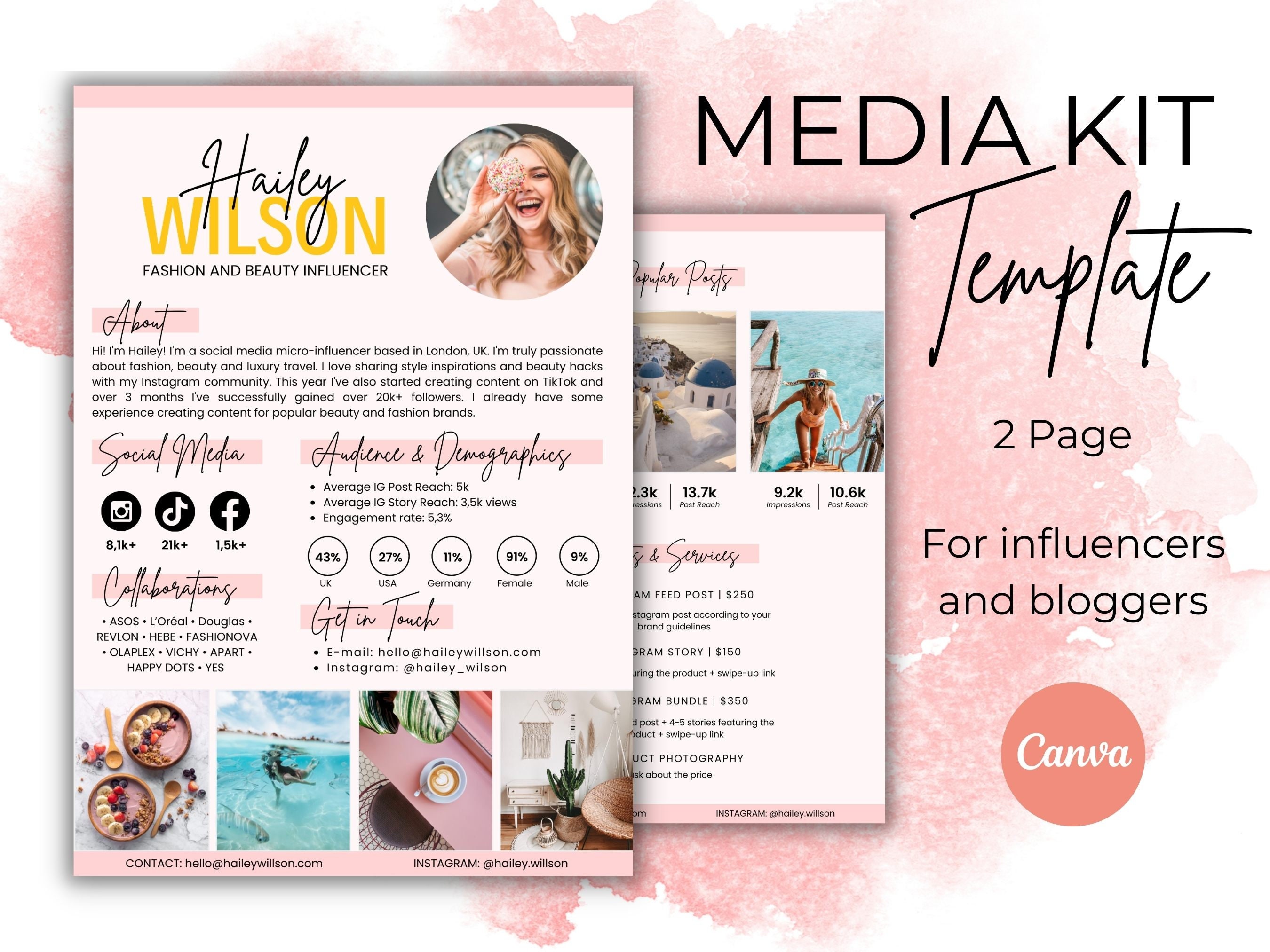 2 Page Influencer Media Kit Template Canva Instagram and - Etsy