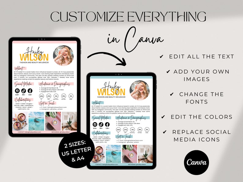 2 Page Influencer Media Kit Template Canva | Instagram and Tiktok ...