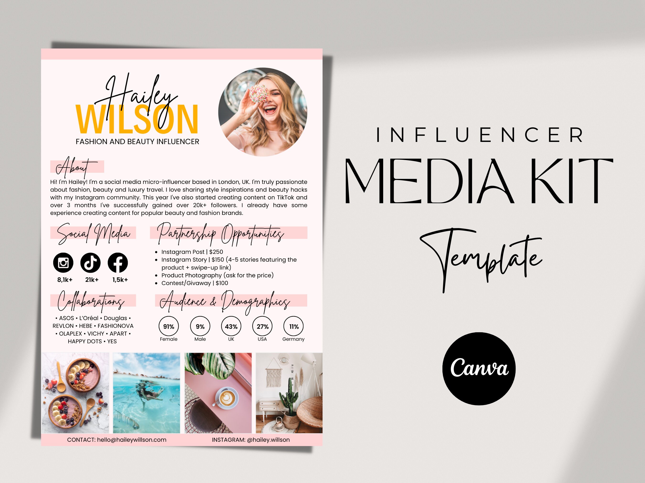 1 Page Influencer Media Kit Template Canva | Instagram Media Kit ...