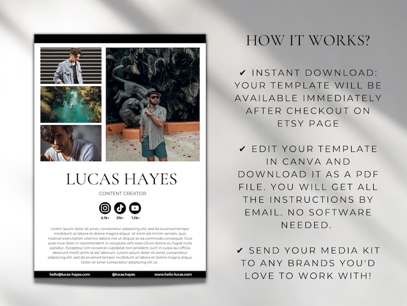 3 Page Male Content Creator Media Kit Template Canva | Influencer Media ...